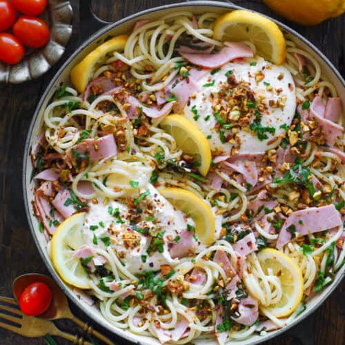 Ham Spaghetti Pasta with Spinach, Burrata Cheese, and Lemon Butter ...